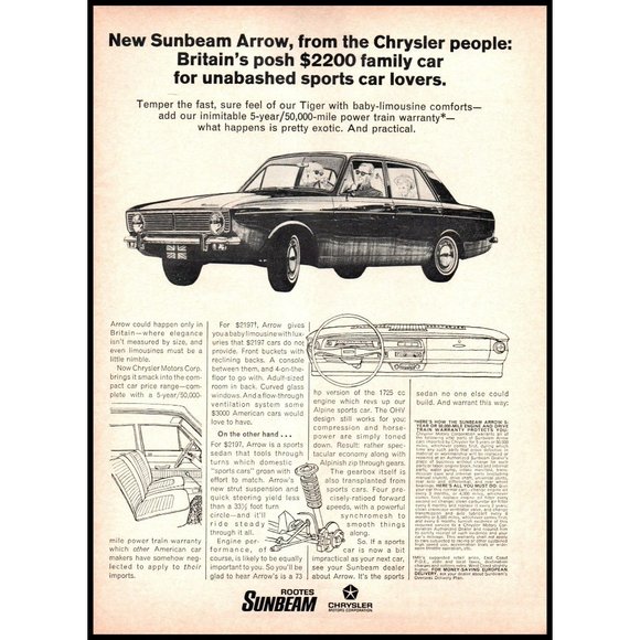 Sunbeam | Art | 968 Rootes Sunbeam Arrow Sedan Vintage Print Ad ...